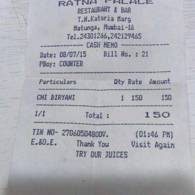 Menu at Ratna Palace, Mumbai, Takandas Kataria Marg