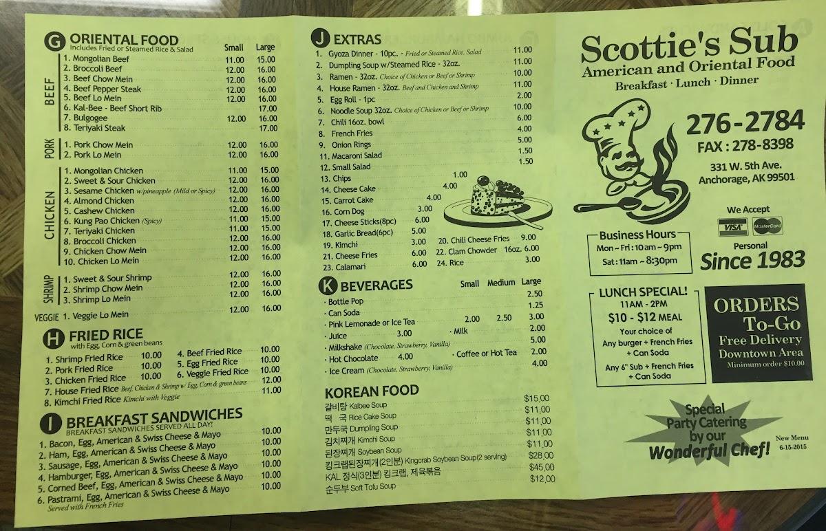 Menu at Scottie's Sub Shop fast food, Anchorage