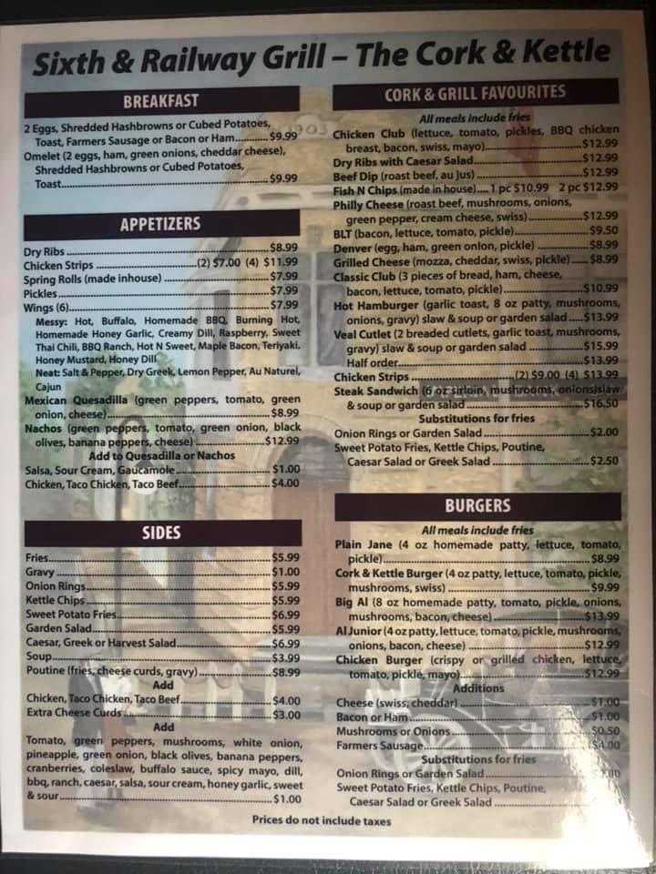 Menu at Sixth & Railway Grill restaurant, Rosthern