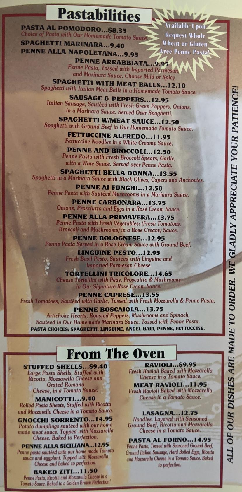 Menu at Strapasta pizzeria, Fallston