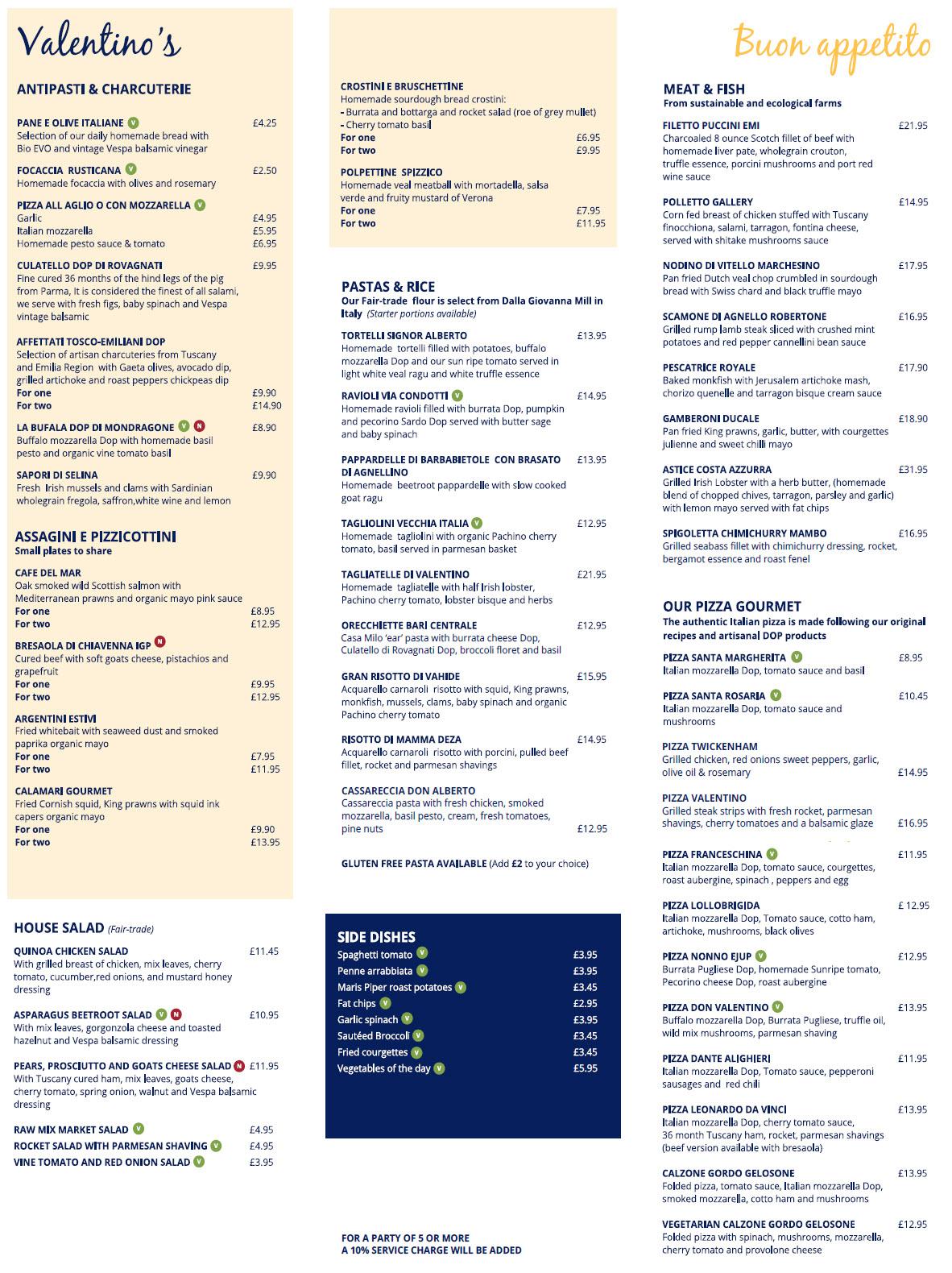 Menu at Valentino’s Bellissimo cafe, Twickenham, 27 London Rd
