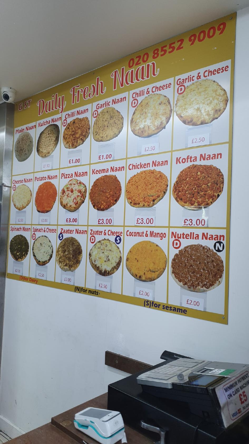 Menu at Daily Fresh Naan restaurant, London, 326 Green St