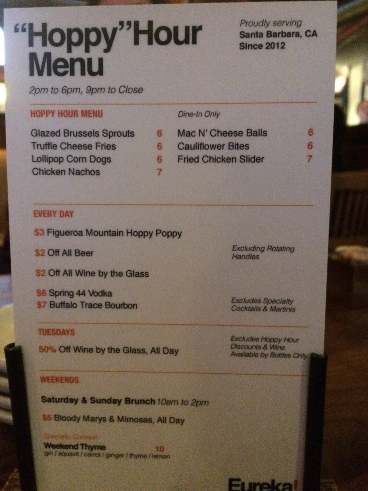 Menu at Eureka! restaurant, Santa Barbara, 601 Paseo Nuevo