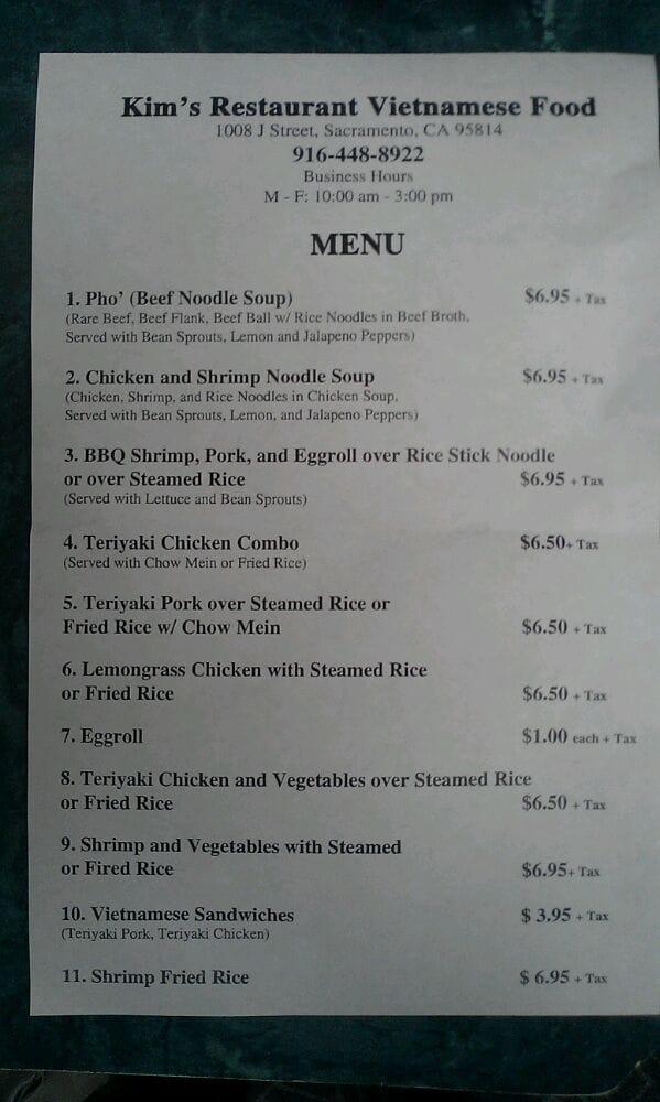 Menu at Kim’s Restaurant, Sacramento