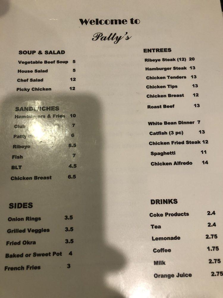 Menu at Patty's Restaurant, Parkers Crossroads