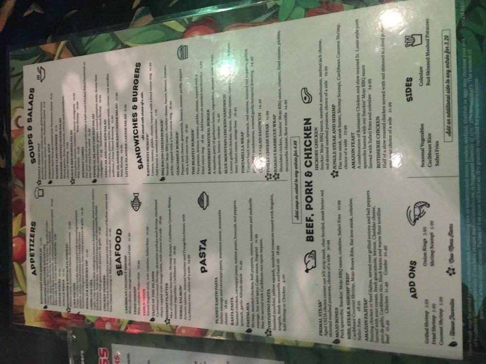 Menu at Rainforest Cafe, Niagara Falls