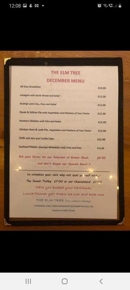 Menu at The Elm Tree Inn pub & bar, Southampton, 1 Swanwick Ln
