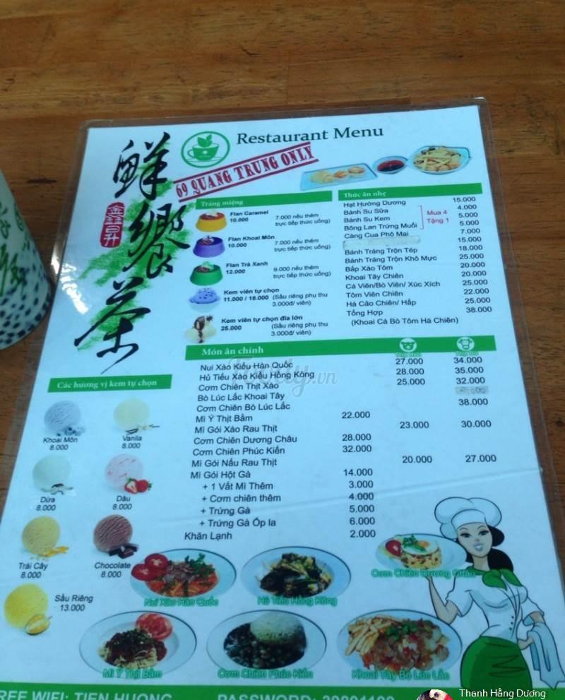 Menu at Trà Sữa Tiên Hưởng cafe, Hanoi