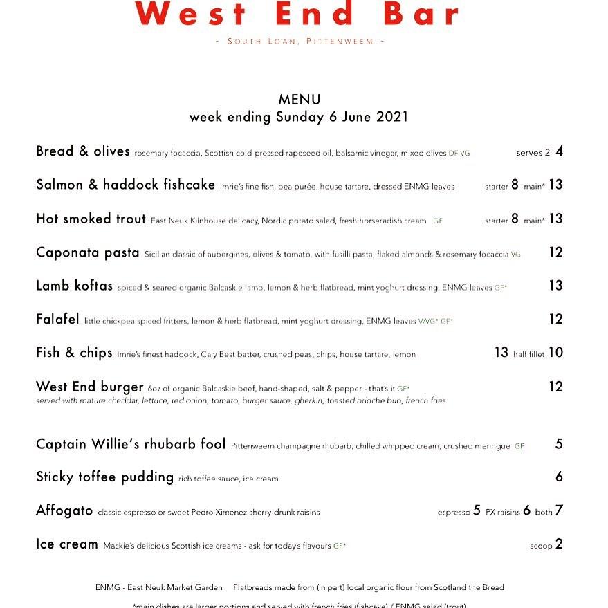Menu at West End Bar, Pittenweem
