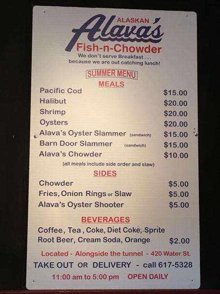 Menu at Alava's Fish-n-Chowder restaurant, Ketchikan, 420 Water St