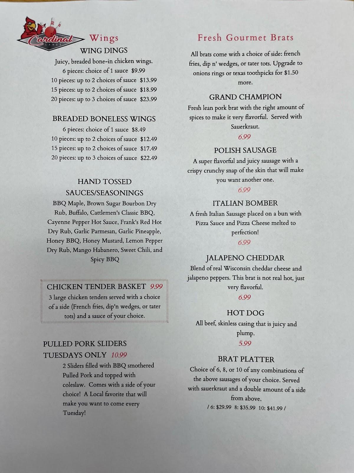 Menu at Cardinal Lanes Mayville restaurant, Mayville