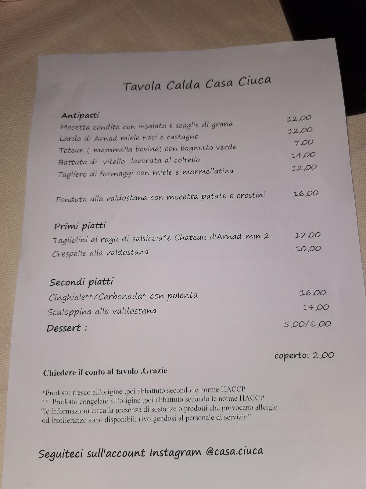 Menu da Casa Ciuca ristorante, Bard
