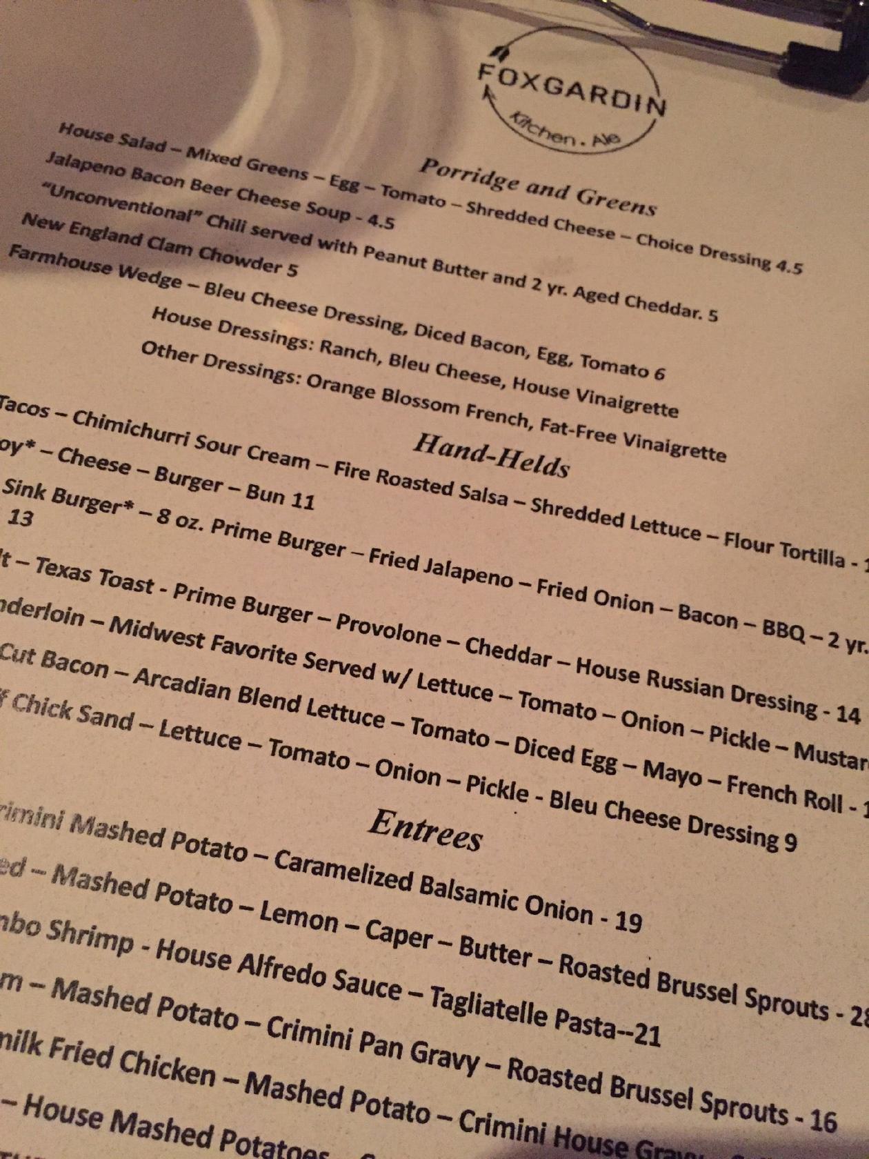 Carta del restaurante FoxGardin Kitchen & Ale, Fortville