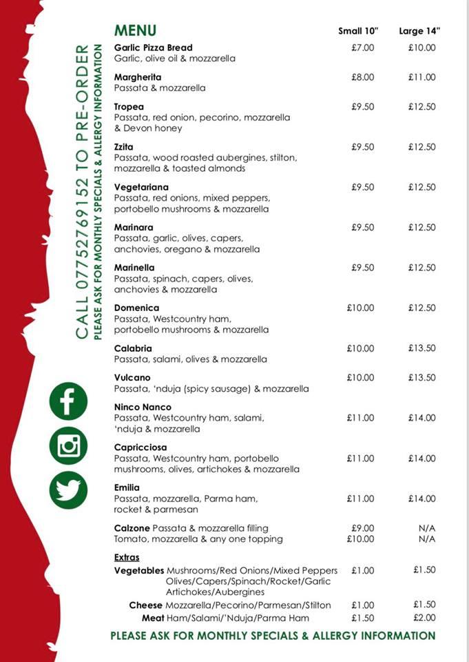 Menu at Il vulcano pizzeria, Salcombe