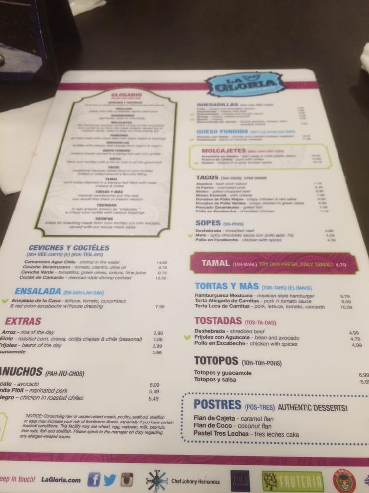 Menu at La Gloria restaurant, San Antonio, Airport Blvd