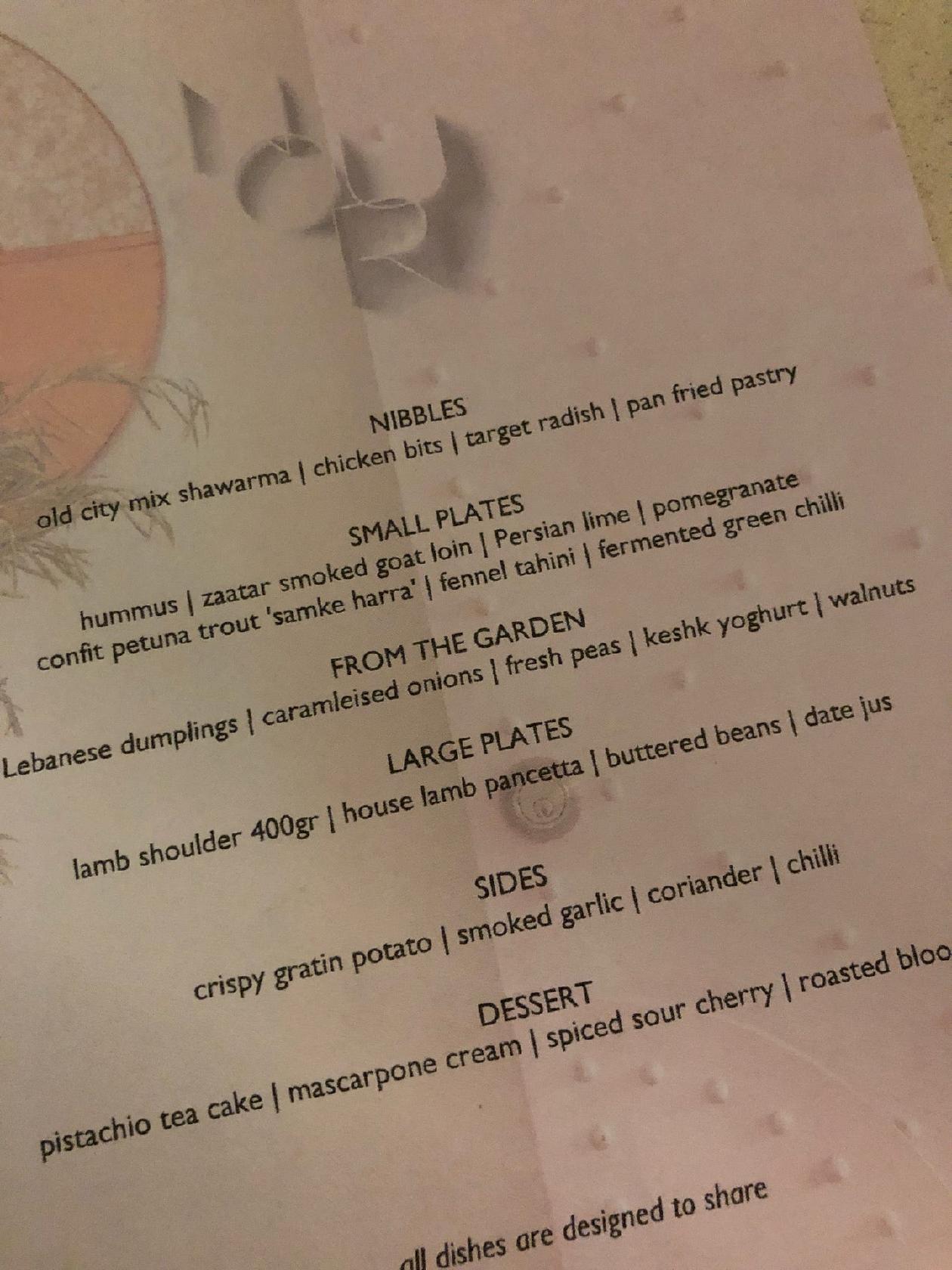 Menu at NOUR restaurant, Surry Hills