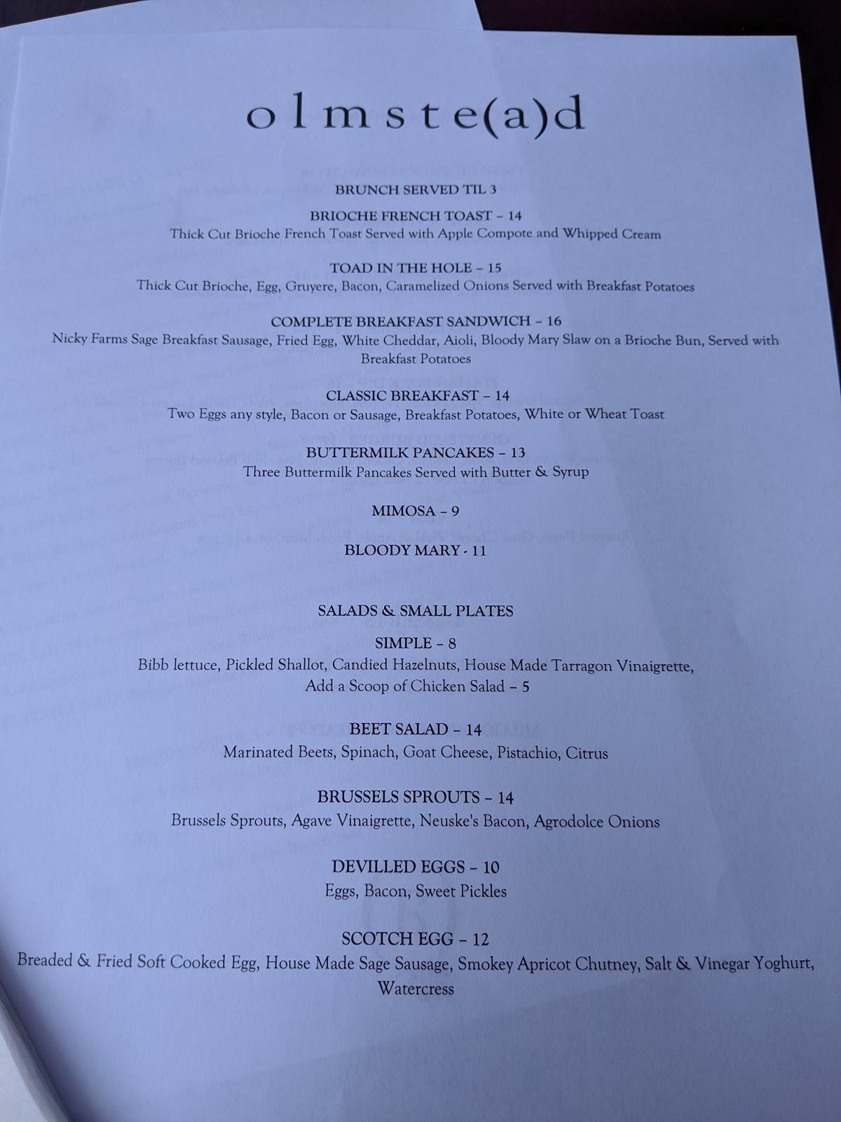Menu at Olmstead pub & bar, Seattle