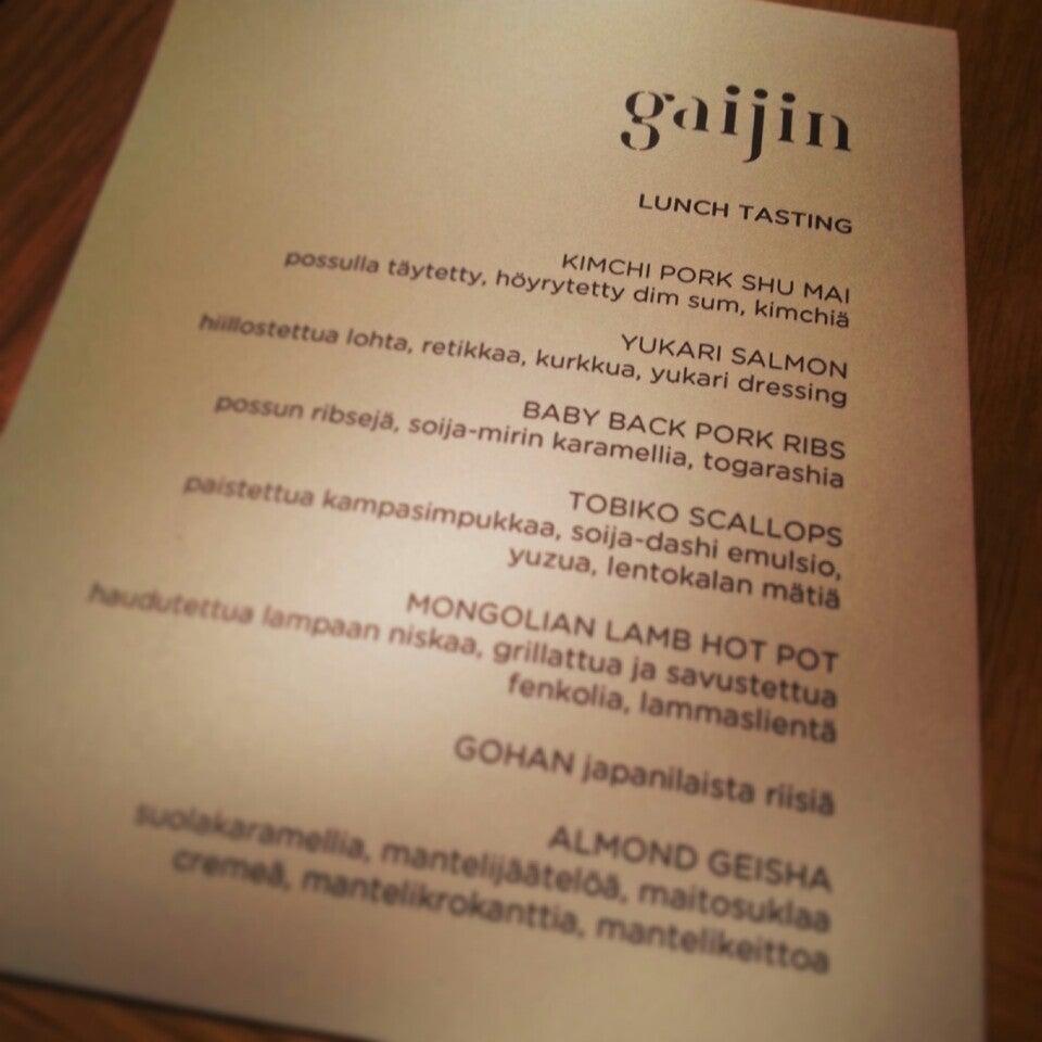 Menu at Restaurant Gaijin, Helsinki