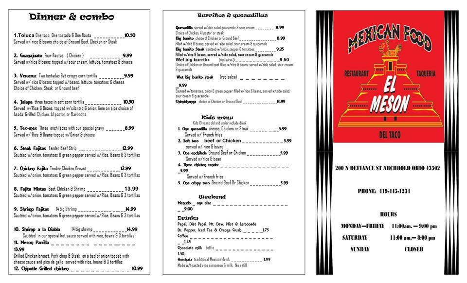 Menu at Taqueria El Meson Del Taco restaurant, Archbold