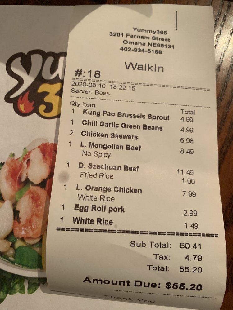 Menu at Yummy 365 restaurant, Omaha