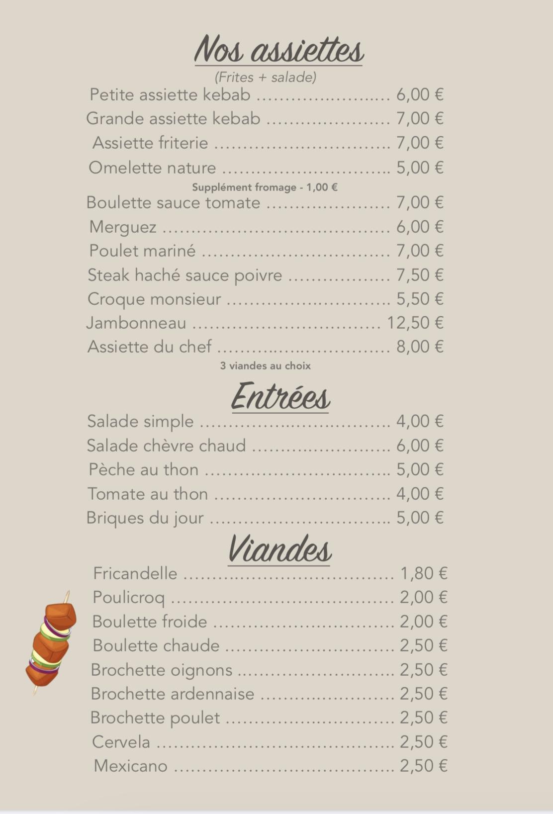 Menu at Chez Abdel restaurant, Les Hautes-Rivières