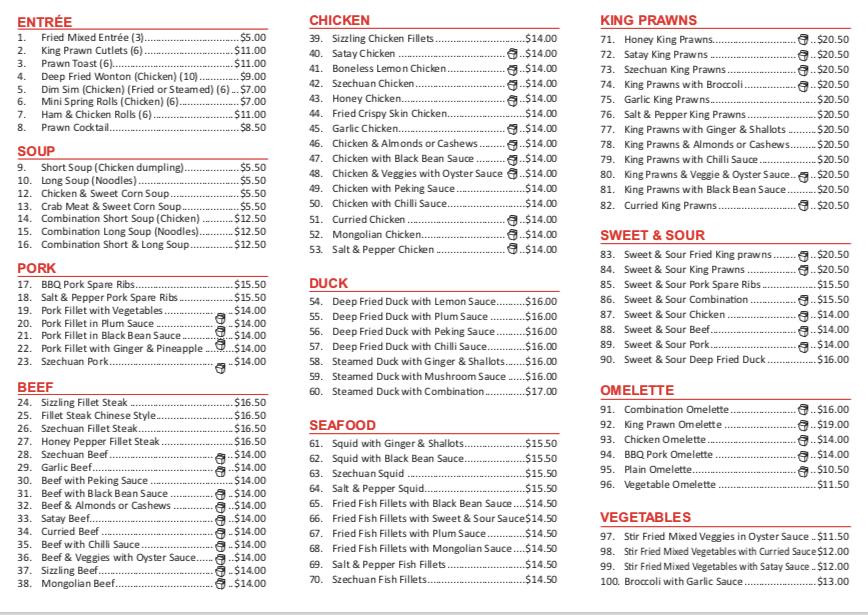 Menu at David's Palm Court restaurant, Riverstone