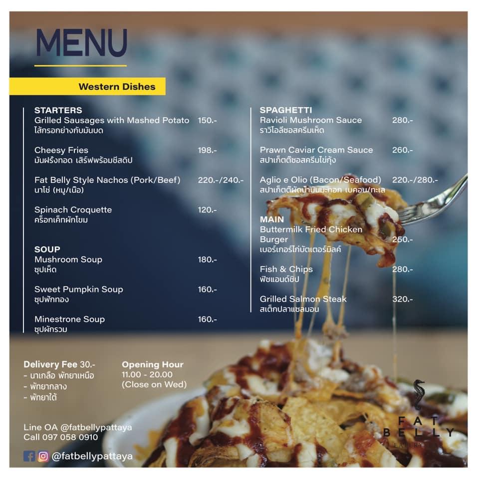 Menu at Fat Belly Pattaya restaurant, Pattaya City