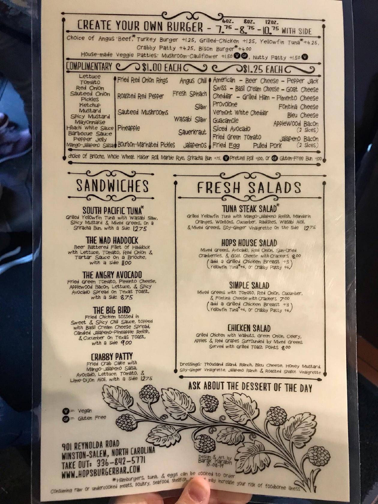 Menu at Hops Burger Bar, Winston-Salem
