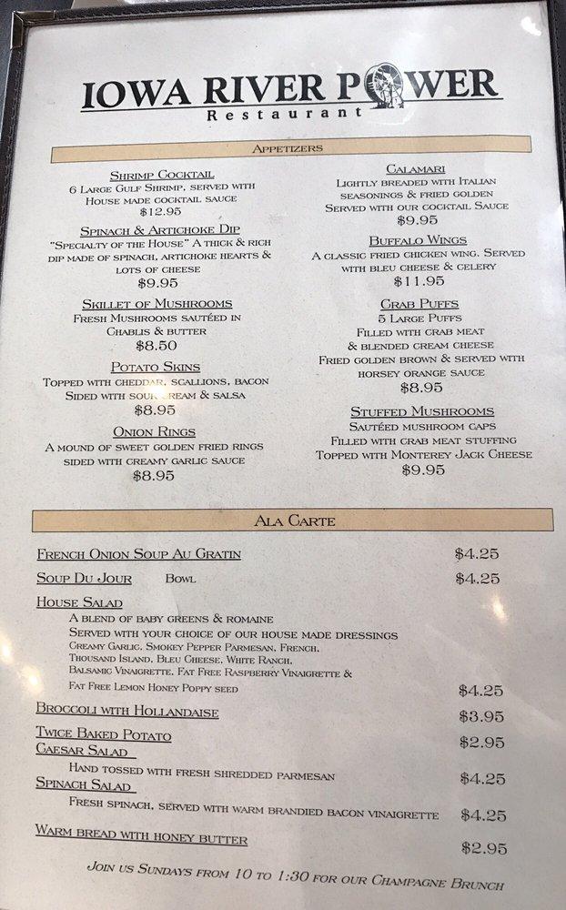 Carta de Iowa River Power Restaurant, Coralville