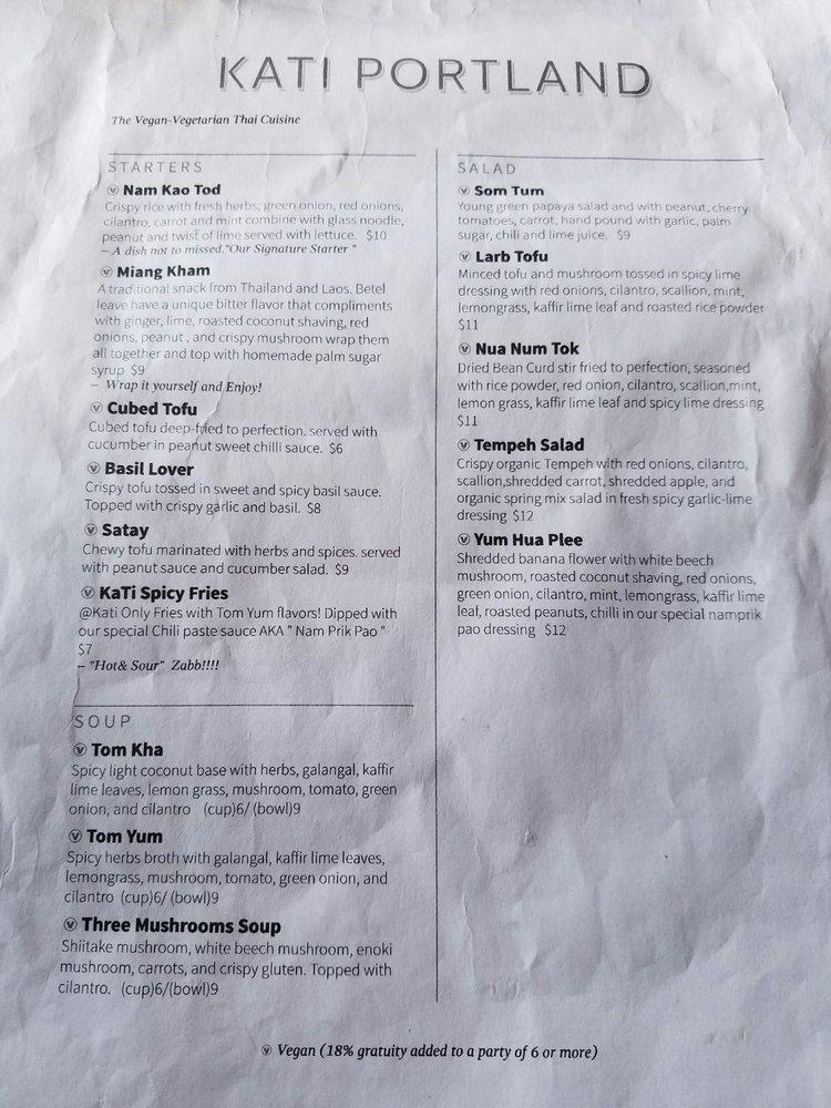 Menu at Kati Portland restaurant, Portland