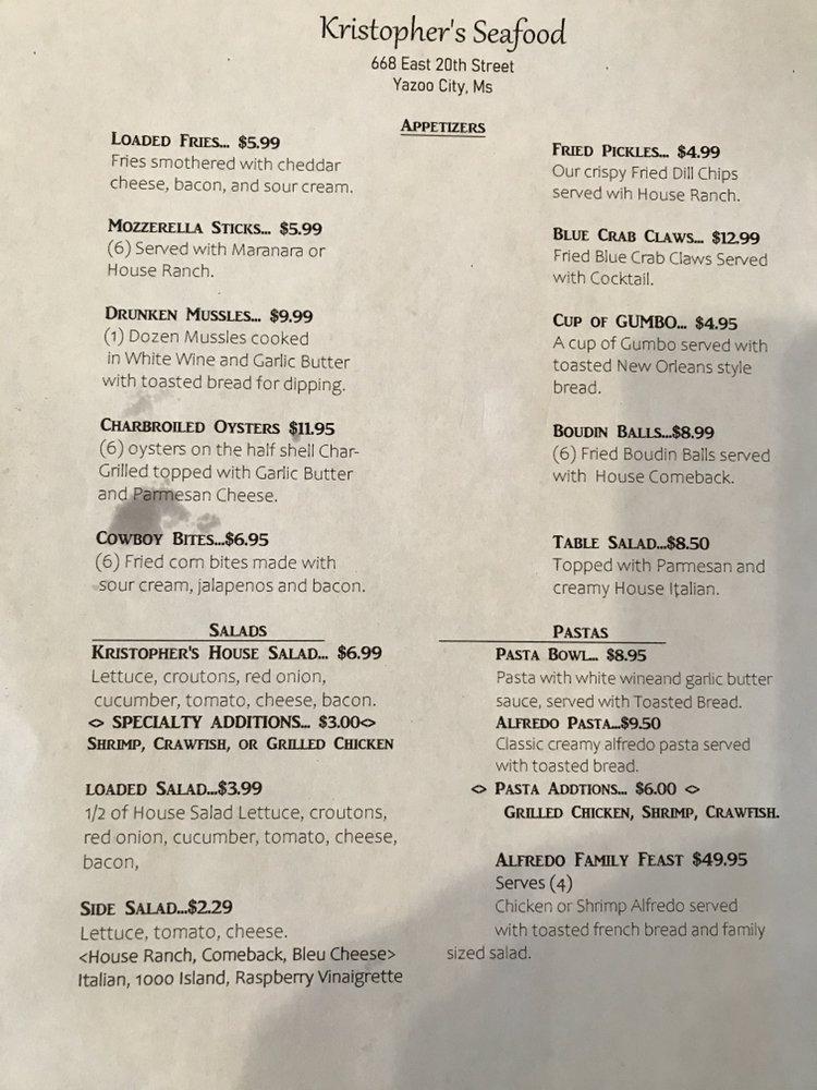 Menu at Kristopher's Restaurant Seafood and more, Yazoo City