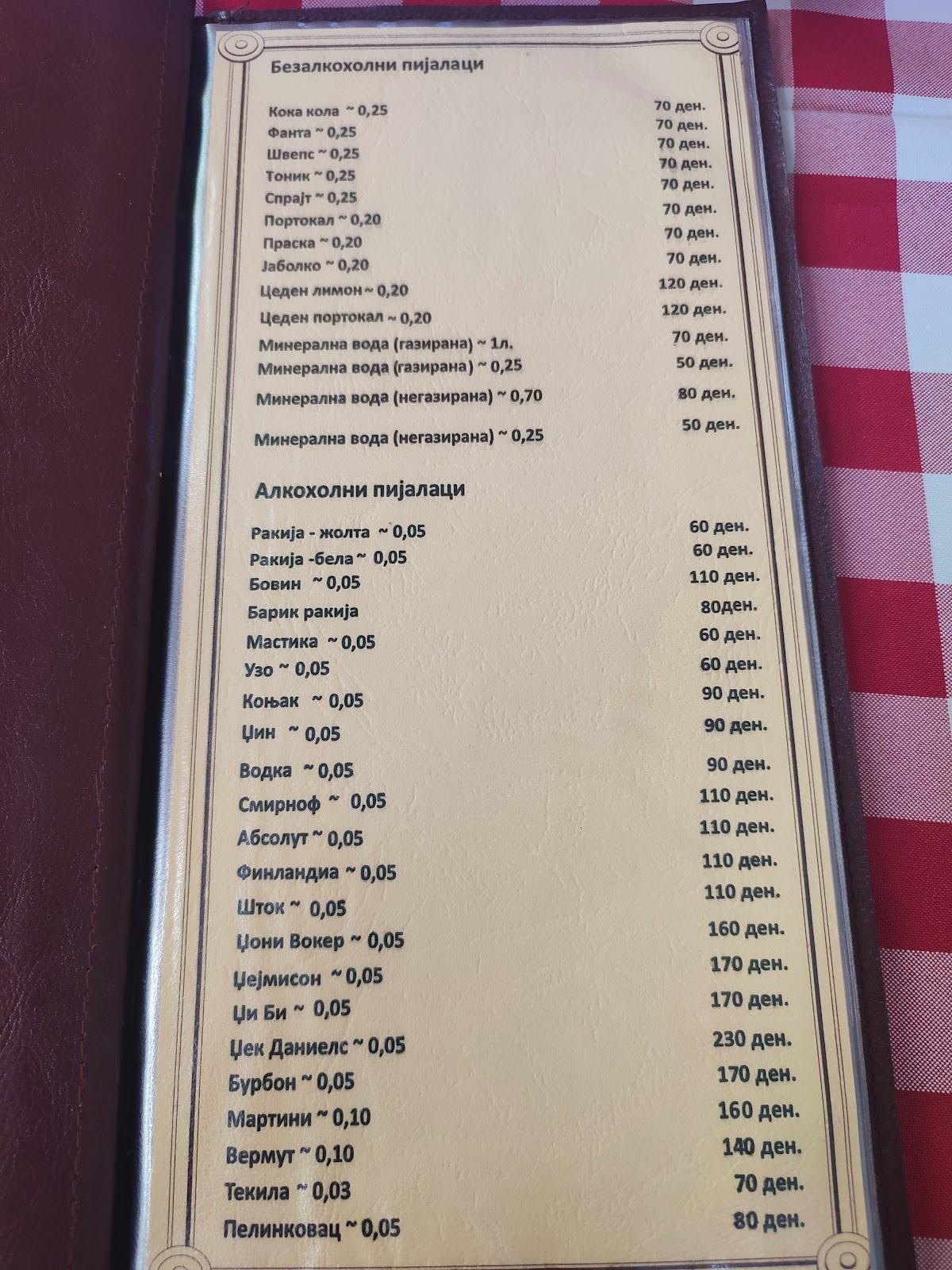 Menu at Kuḱa restaurant, Skopje