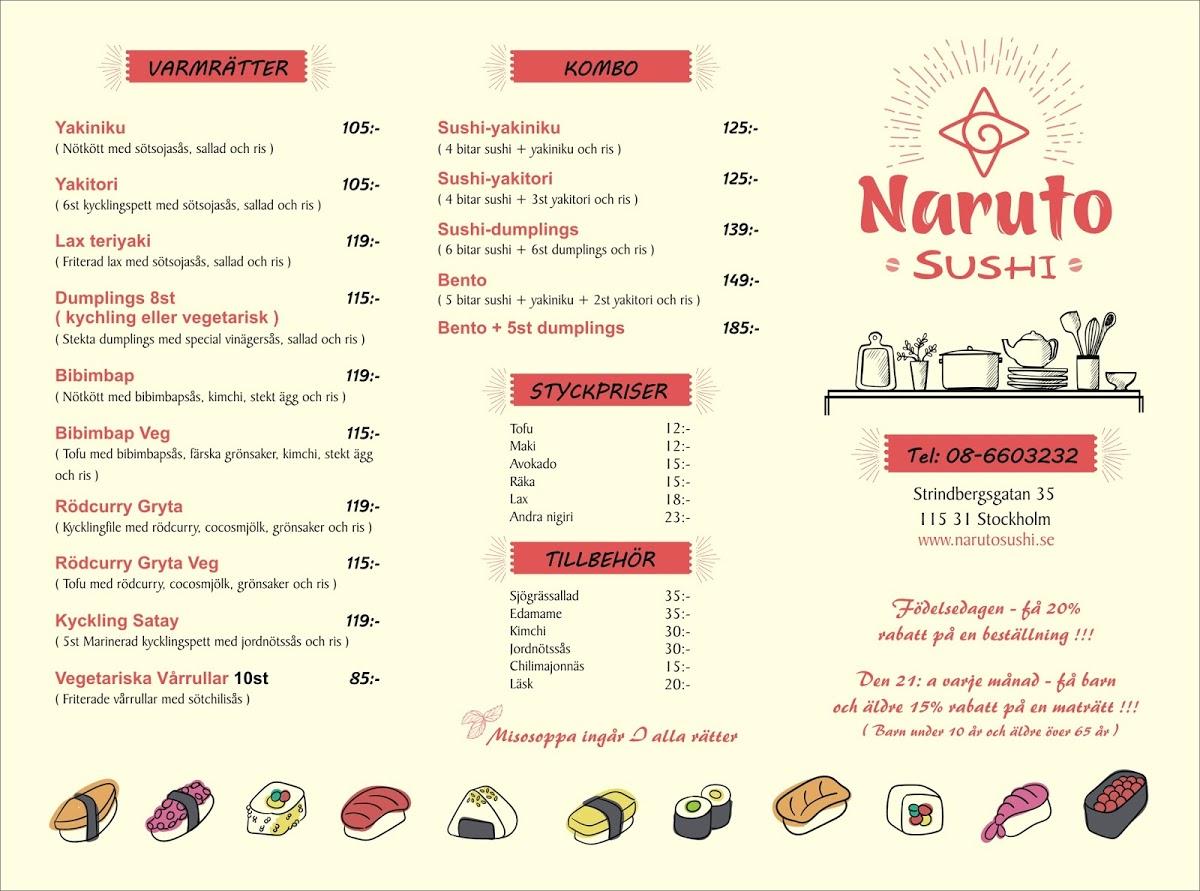 Menu at Naruto sushi restaurant, Stockholm