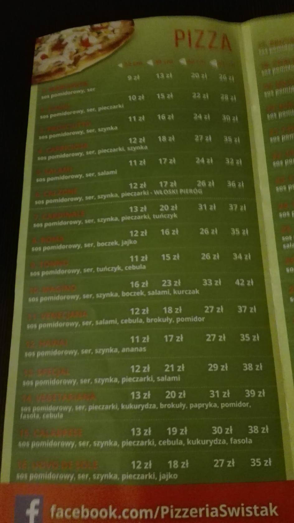 Menu at Pizzeria Świstak, Zebrzydowice
