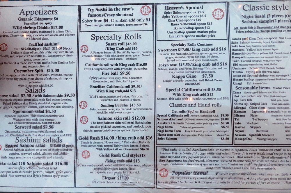 Menu at Sushi In the Raw restaurant, Nevada City, 135 Argall Way
