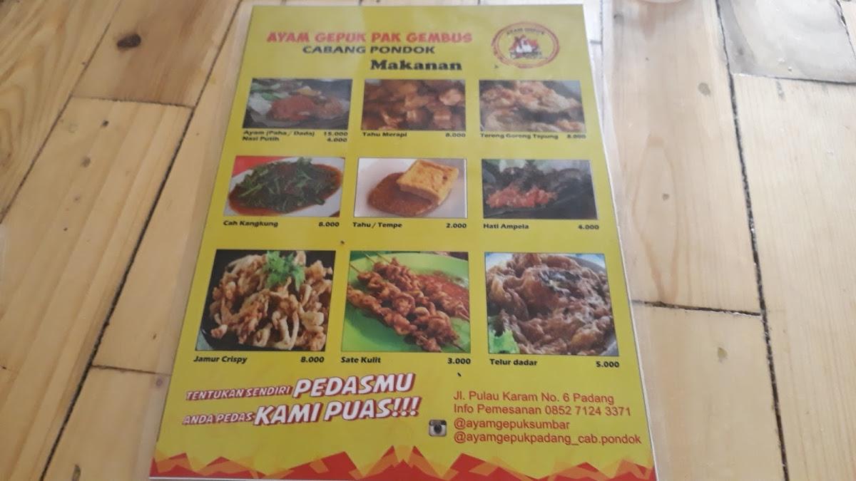 Carta del restaurante Ayam Gepuk Pak Gembus Cabang Pondok, Padang