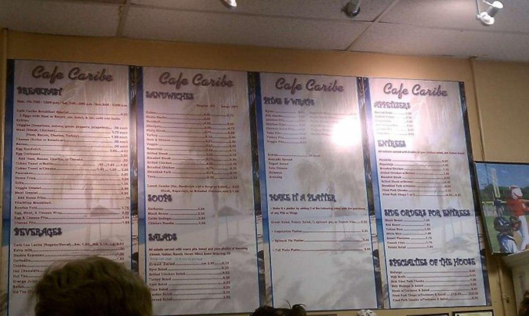Menu at Cafe Caribe, Tampa, N Dale Mabry Hwy