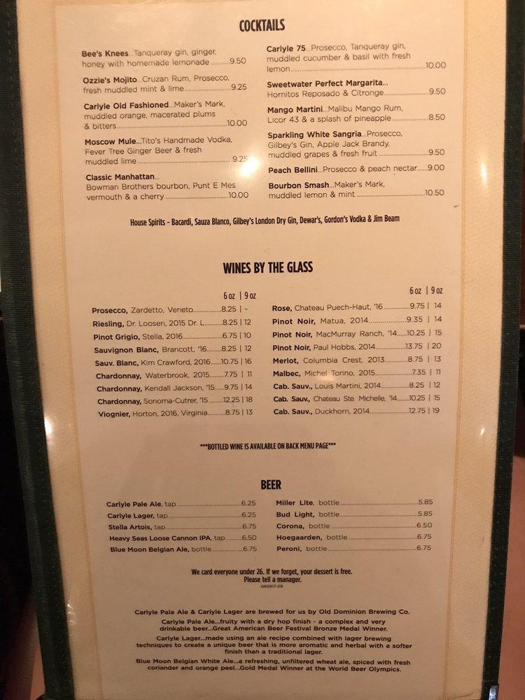 Menu at Carlyle restaurant, Arlington