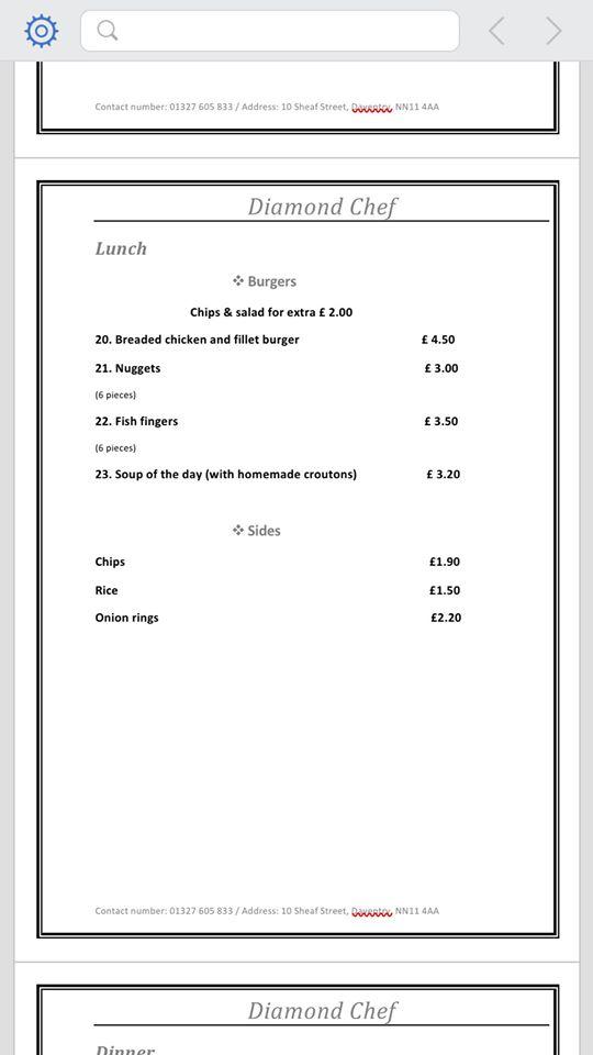 Menu at Diamond Chef restaurant, Daventry
