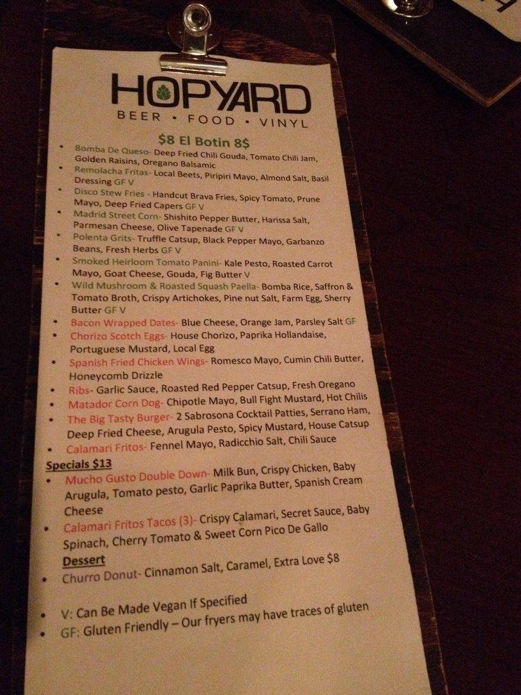 Menu at Hopyard pub & bar, Charlottetown