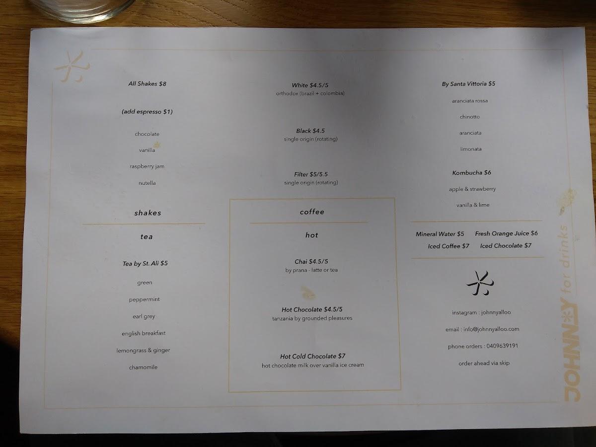 Menu at Johnny Alloo cafe, Ballarat Central