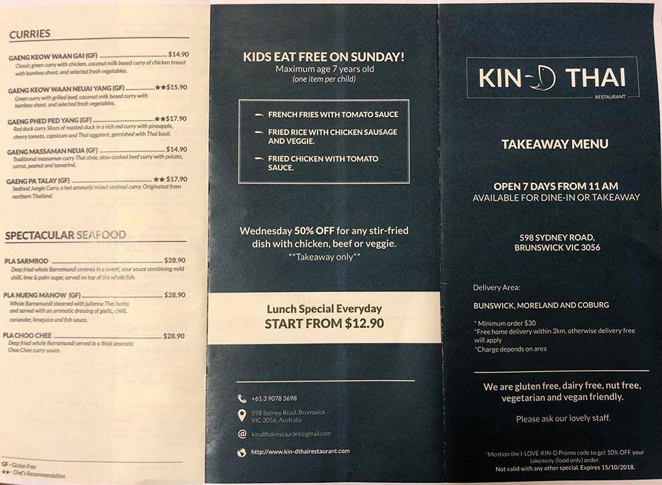 Menu at Kin-D Thai Restaurant @Brunswick, Brunswick