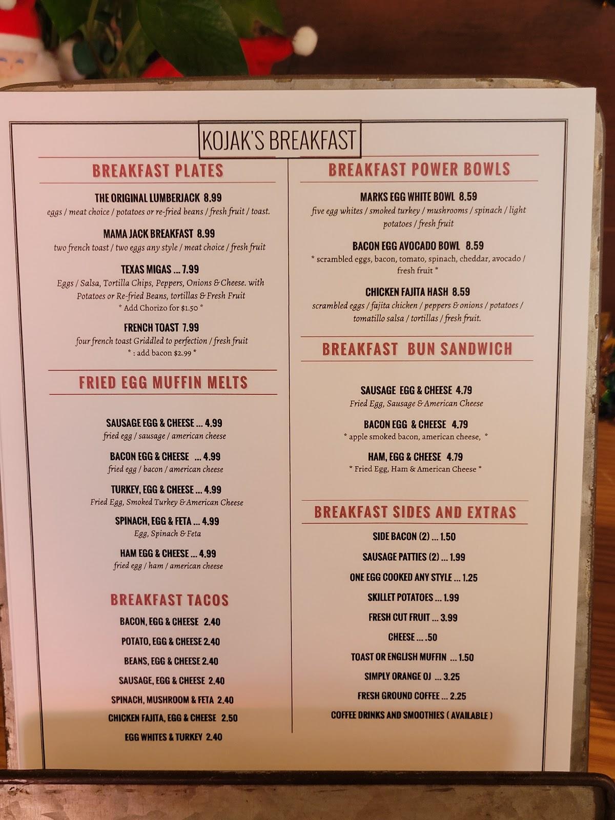 Menu at Kojak's restaurant, Houston, W 18th St