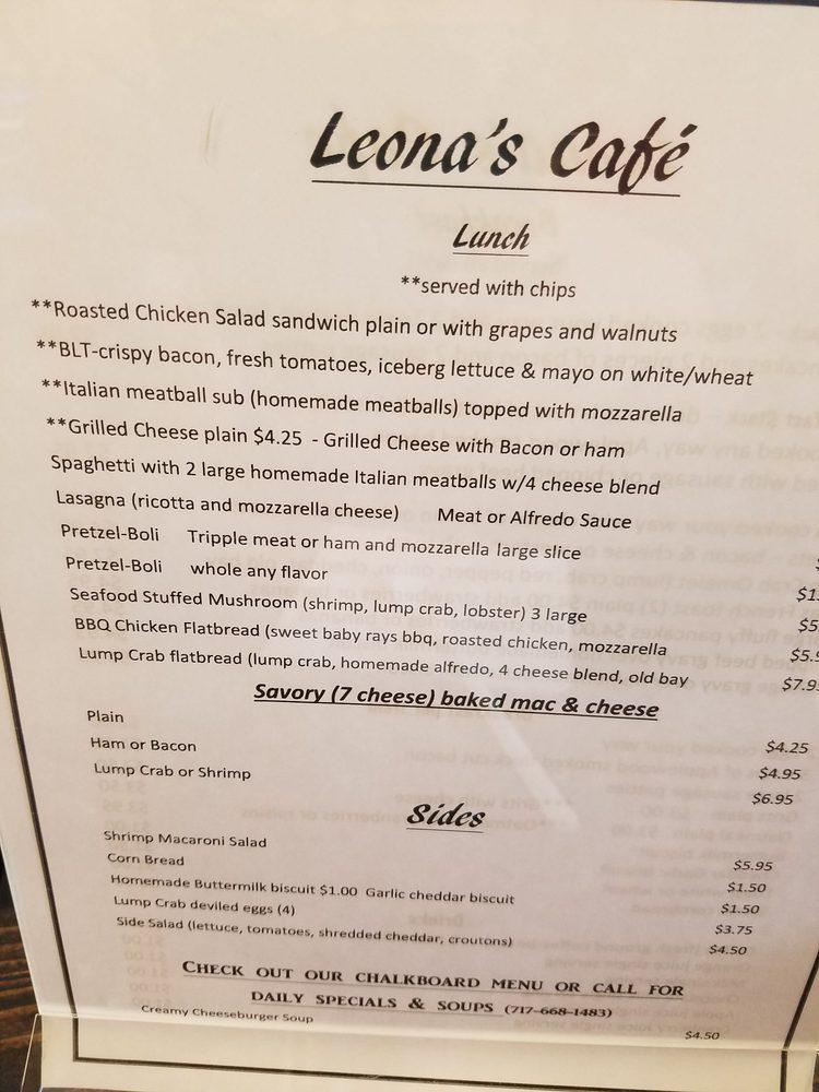 Menu at leona's cafe' and bakery, USA