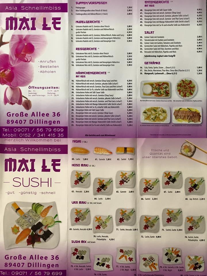 Menu at Mai Le Asia Schnellimbiss restaurant, Dillingen
