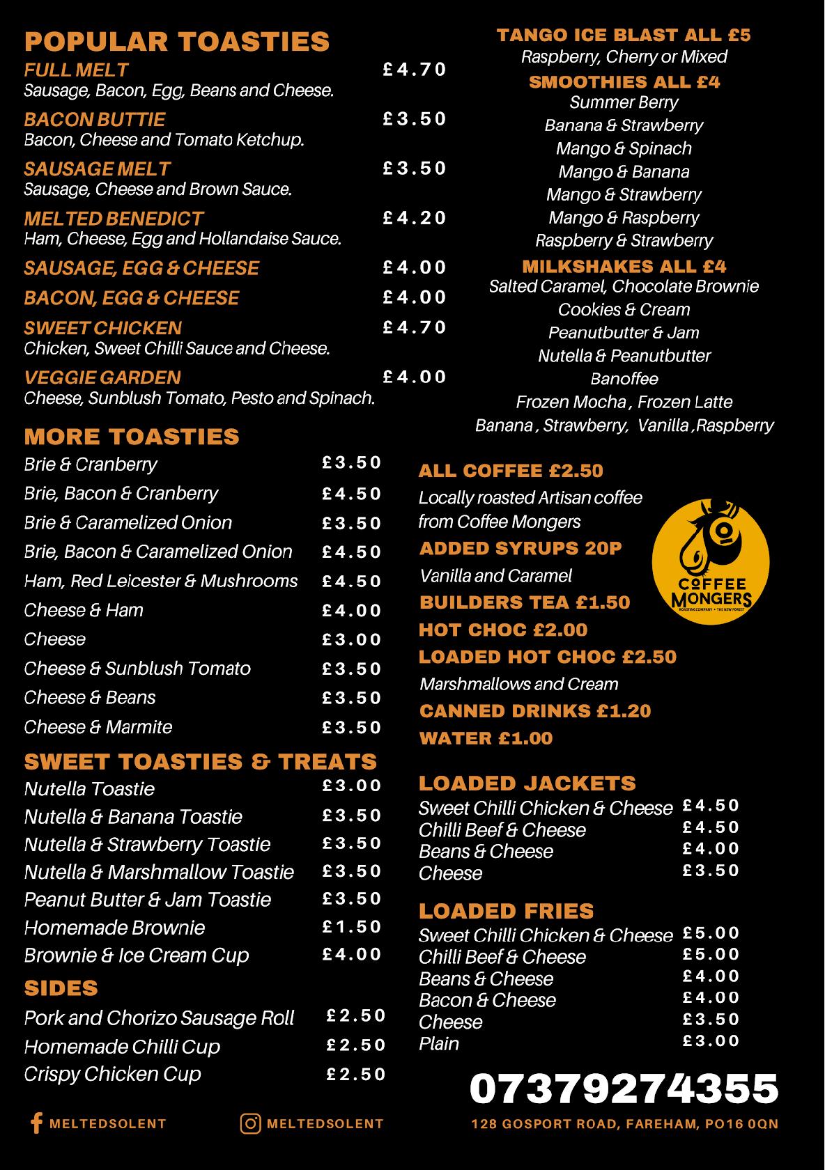 Menu at Melted, Fareham