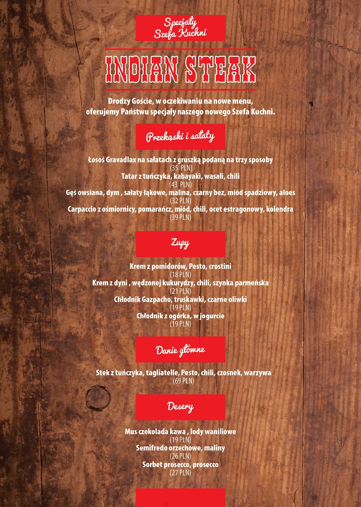 Menu at Restauracja Indian Steak steakhouse, Poznań