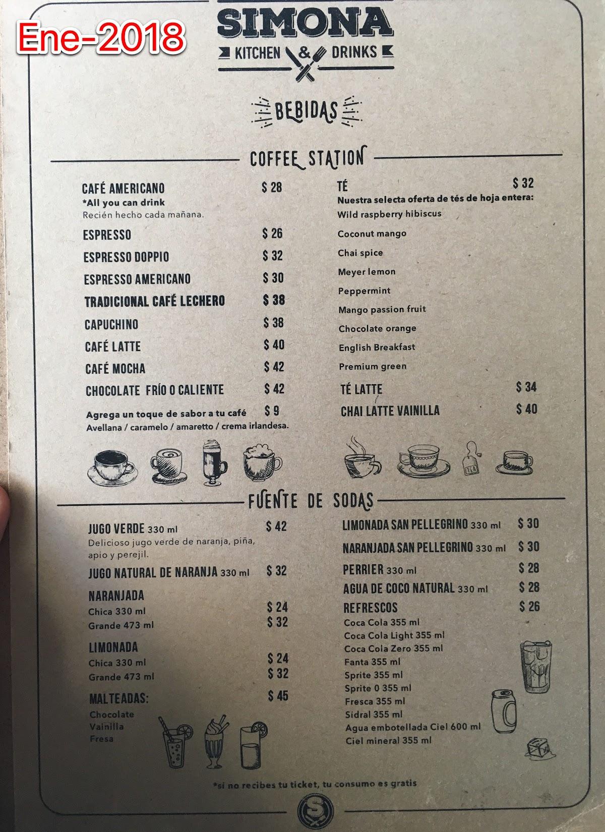 Carta del pub y bar Simona Kitchen & Drinks, Mexico