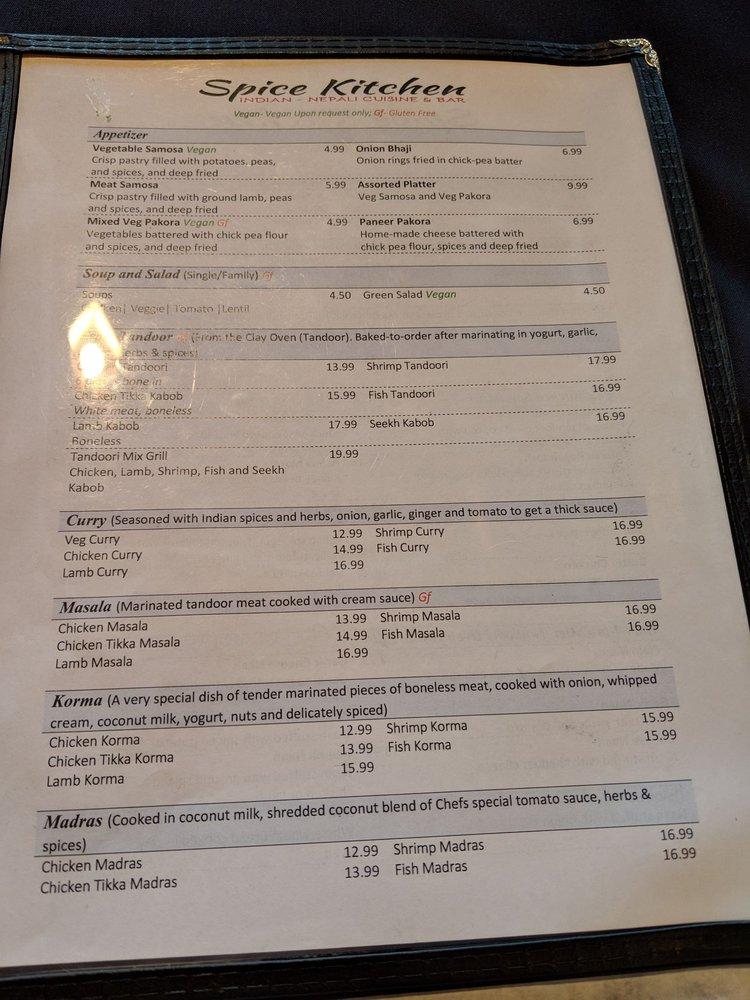 Menu at Spice Kitchen restaurant, Parker