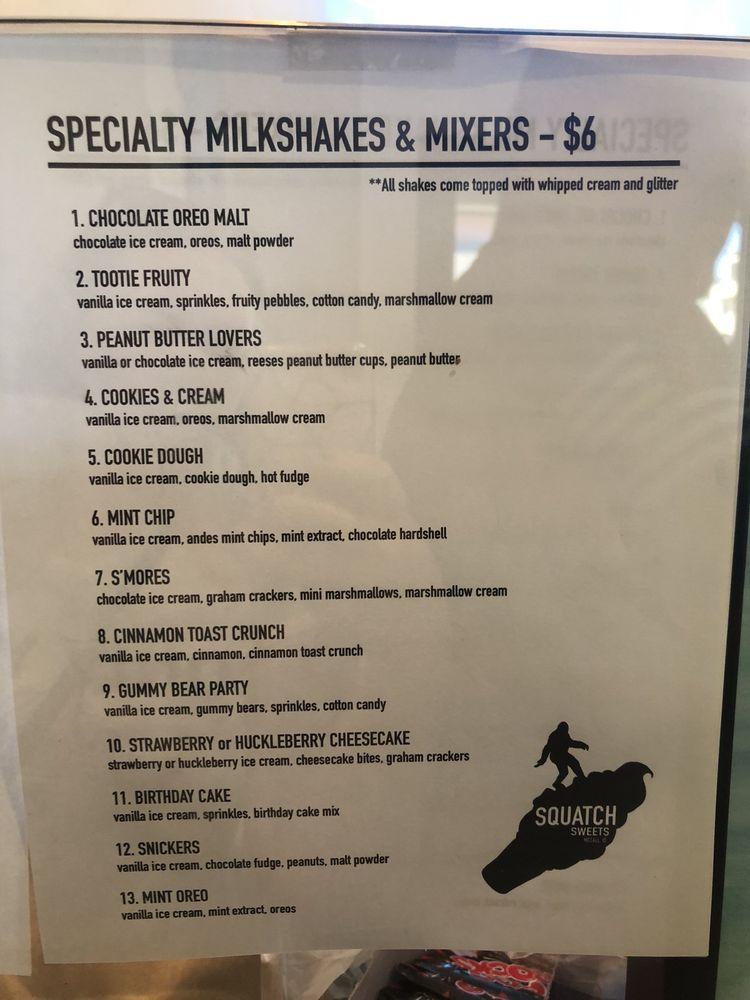 Menu at Squatch Sweets restaurant, McCall